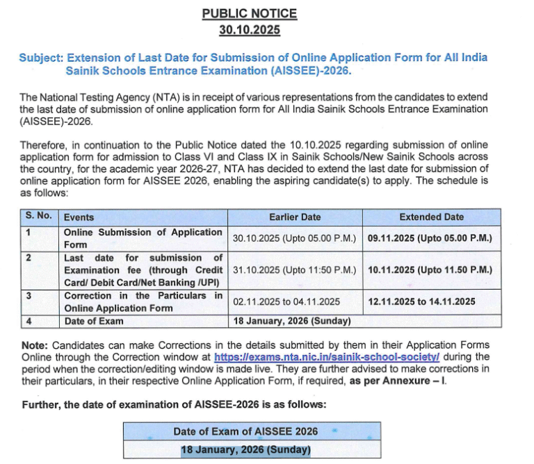 AISSEE Sainik School Class 9 Entrance Exam 2026